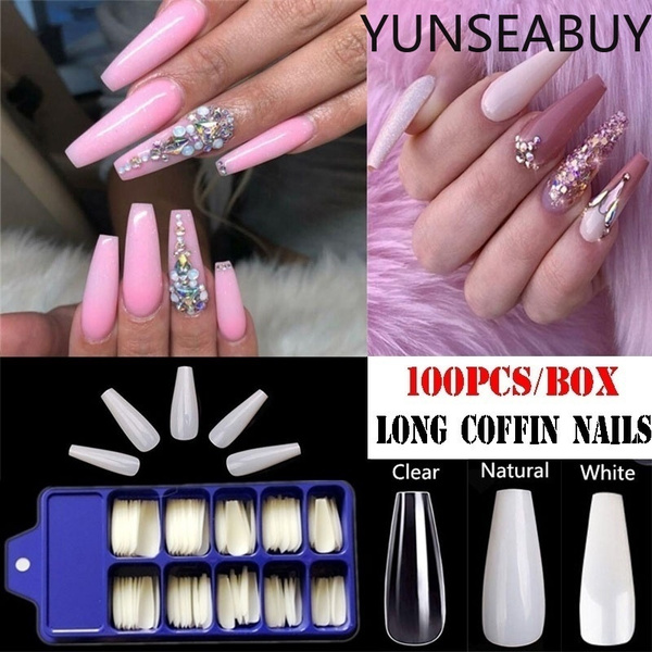 Yunseabuy 100Pcs/box All Size Fake Nails Tips Artificial Long Ballerina ...