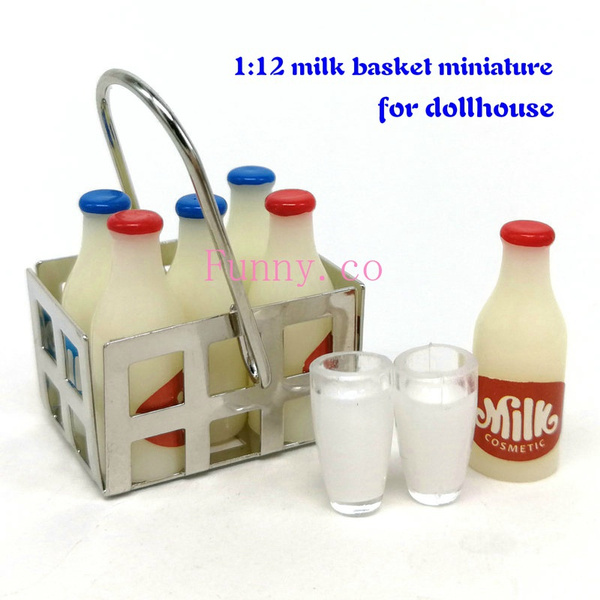 1:12 Milk Basket with Milk Bottles and Cups Miniature Set for Dollhouse ...