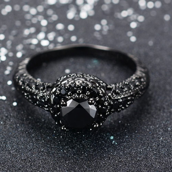 JunXin Black Gold Plated 8MM Round Cut Diamond Halo Rings Black Onyx ...