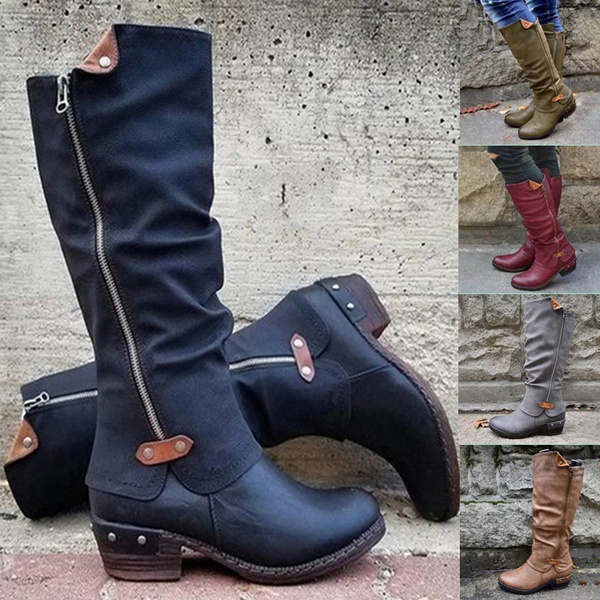 Women Fashion Winter Low Heel Riding Leather Boots Knee High Cowboy ...