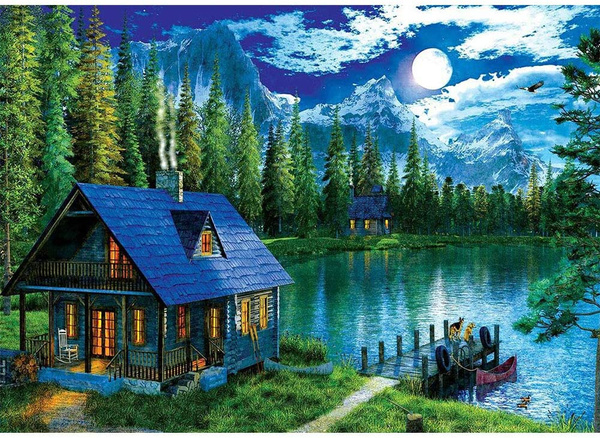 DIY 5D Diamond Painting by Numbers Kits, Mountain Lake Forset Cabin ...