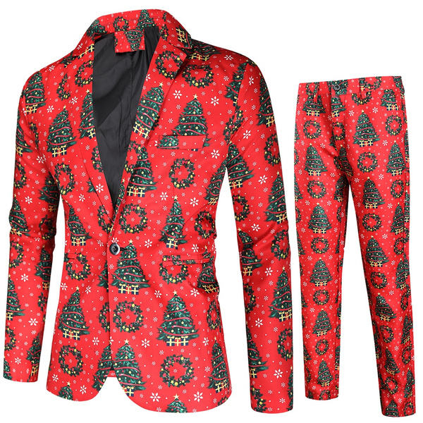Fashion Merry Christmas Men's Red Suits Jackets Casual Suit 2 piece ...