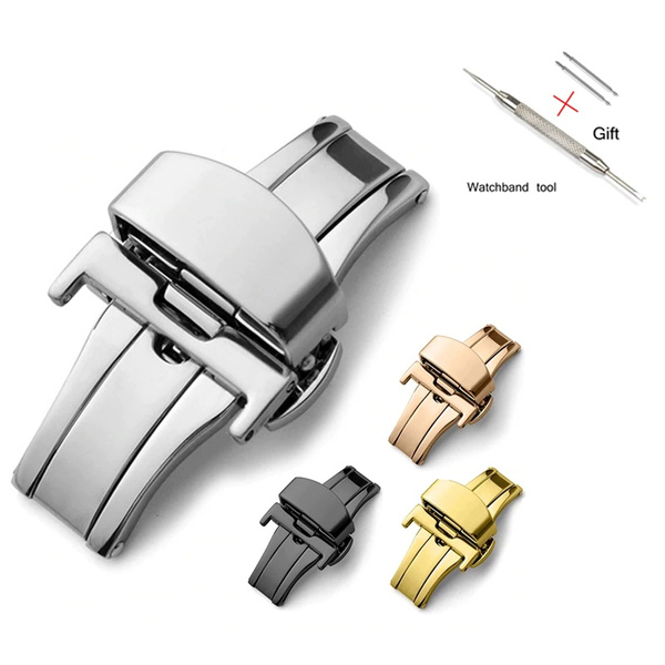 Stainless Steel Solid Double Push Button Fold Watch Buckle Butterfly ...