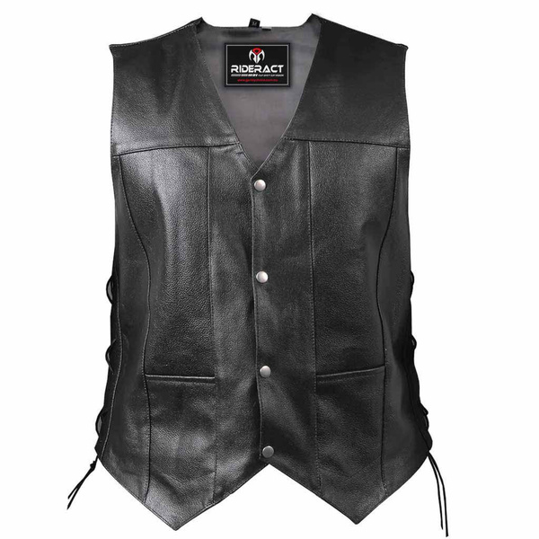 RIDERACT Mens Leather Motorcycle Vest Classic Riders Adjustable ...