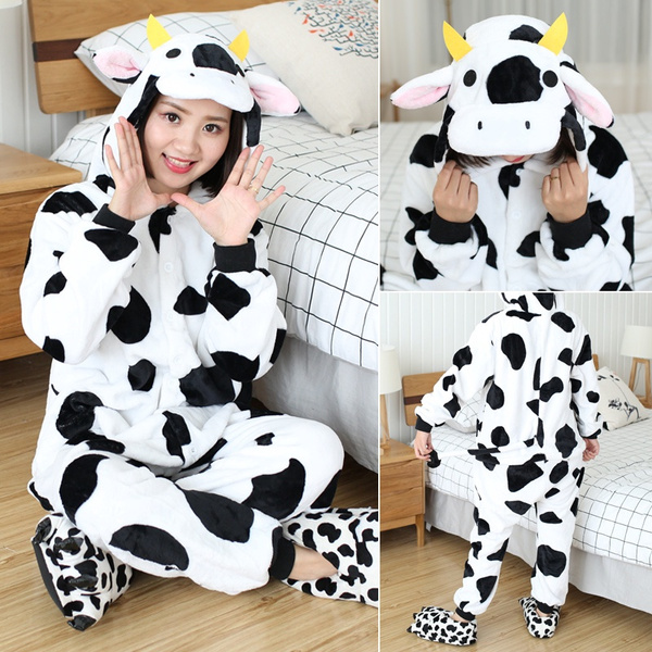 Cute Cartoon Cow Onesies Flannel Long Sleeve Pajamas Kigurumi Unisex ...