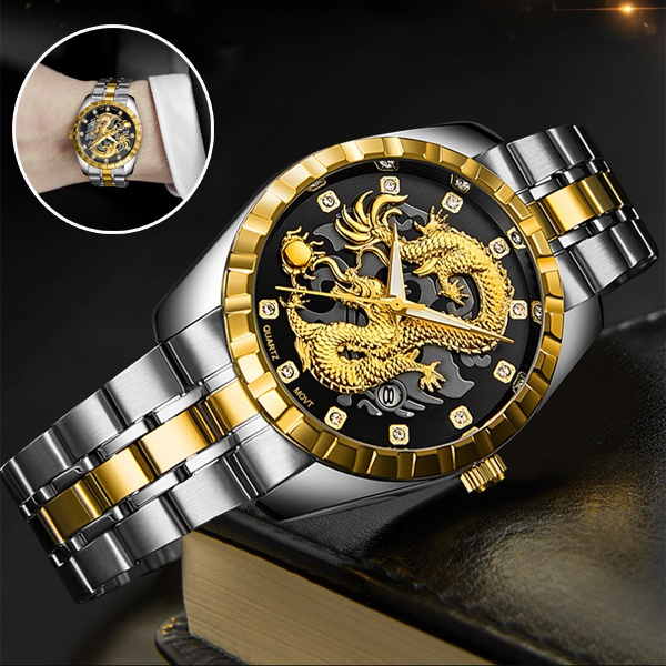 Embossed golden dragon watch men's waterproof watch men's diamond ...
