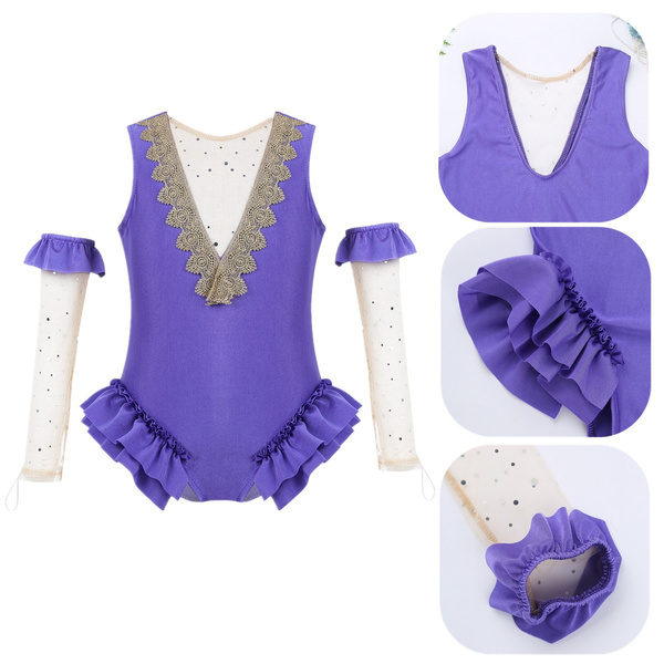 Kids Girls Purple Princess Costume Trapeze Ruffle Leotard with Arm ...