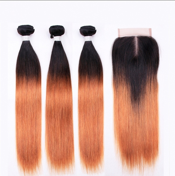 Brazilian Blonde Hair 3 Bundles Straight Hair with Lace Closure Middle ...