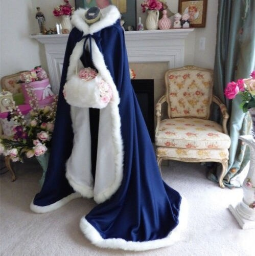 Navy Blue Hooded Cloak Bridal Cape Winter Long Faux Fur Trim Wedding ...