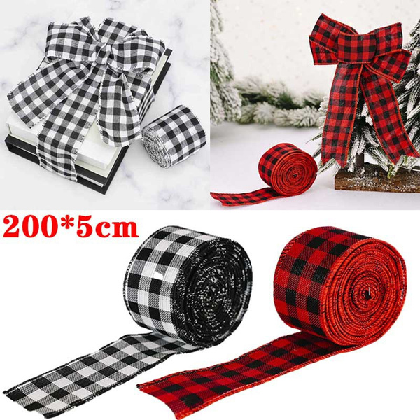 New Plaid Burlap Ribbons, Wide Red Black&Black White Wired Edge Gingham ...