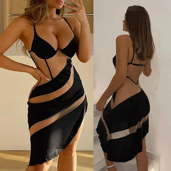 Women Fashion Spaghetti Strap Sheer Mesh Slit Midi Dress Wish