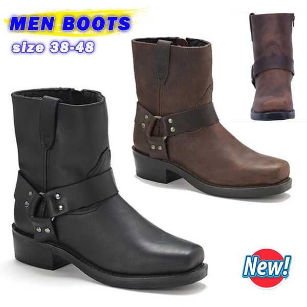 Stylish Men Western Boots Side Zipper Chunky Heel Vintage Cowboy Boots ...