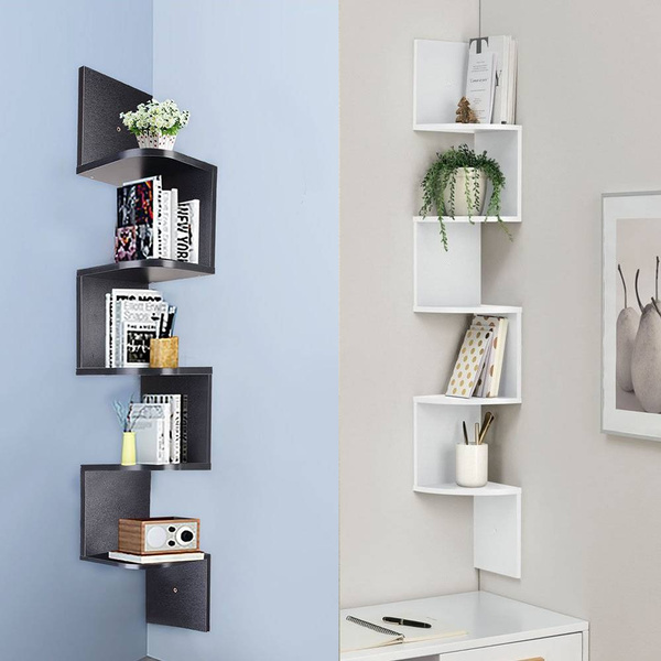 5 tiers Wood Corner Wall Shelf Zig Zag Shelves Floating Wall Shelves Mount Storage Rack Display ...