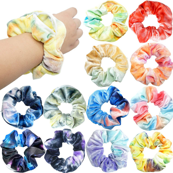 12 Pieces Velvet Pocket Hair Scrunchies Hidden Pocket Rainbow Hair Ties ...
