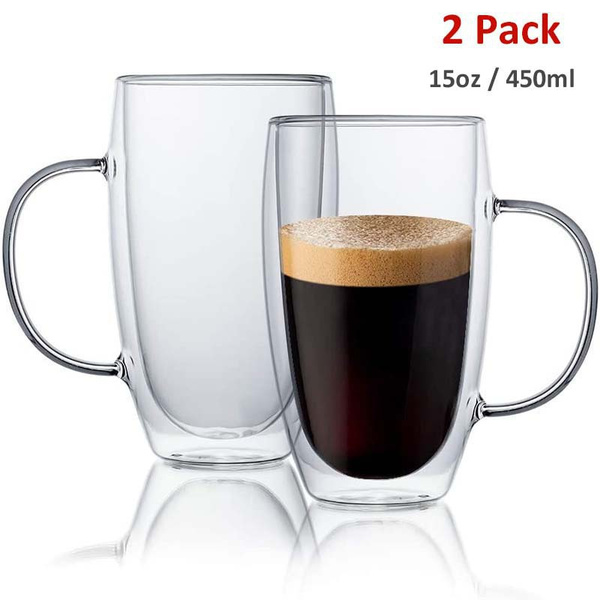 2 Pack 15 oz Double Wall Glass Cups with Handle for Espresso Latte ...