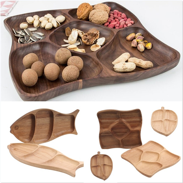 Wooden Food Tray Square Shape Food Plate Compartments Dessert Dish ...