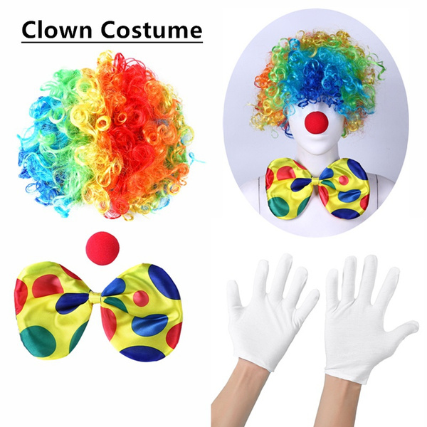 Clown Costume 4Pcs Clown Rainbow Wig Clown Nose Bow Tie White Gloves ...