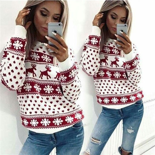 New Arrival Fashion Chic Women Christmas Pullovers Snowflake Reindeer ...