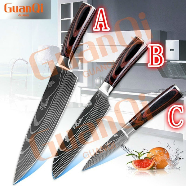 GuanQi Laser Damascus Pattern Damascus Kitchen Knife Utility Knife Sharp Santoku Knife Set ...