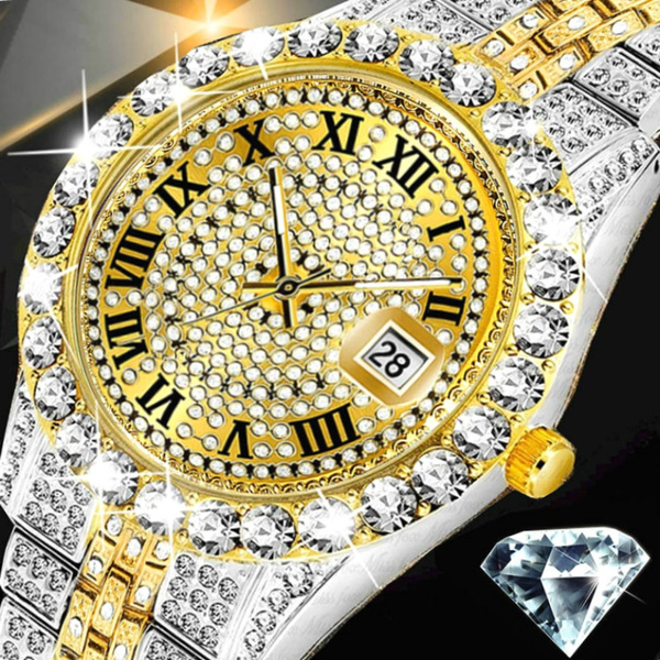 Brand Men Fashion Luxury Gold Watch Full Diamond Plated Gold Exquisite ...