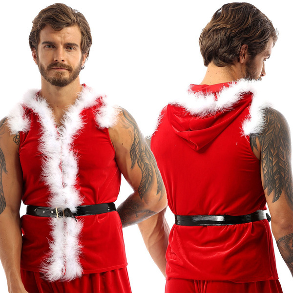 Men Santa Claus Fur Coat Soft Velvet Christmas Sleeveless Hooded Jacket ...