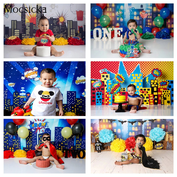 Mocsicka Cartoon Superman Children Birthday Cake Smash Backdrop ...