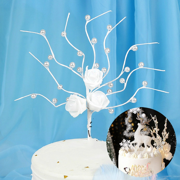 Christmas Glitter Elk Simulation Pearl Tree Cake Topper Cupcake Dessert ...