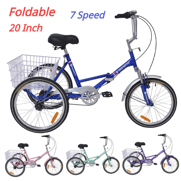 20 Inch Folding 3 Wheel Bikes 7 Speed Trike with Shopping Basket for ...