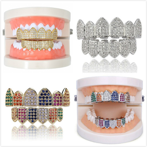 Men/Women Hip-hop Rappers Grillz Rainbow CZ Diamonds 18K Gold Plated ...