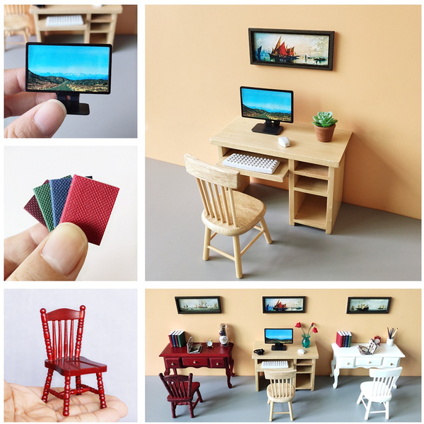 1:12 Dollhouse Accessories Mini Computer Desk&Chair Dollhouse Study ...