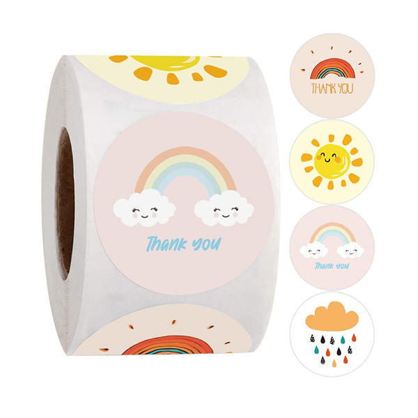 1 Roll 500Pcs Round Cartoon Thank You Stickers Cute Sun Rainbow Clouds ...