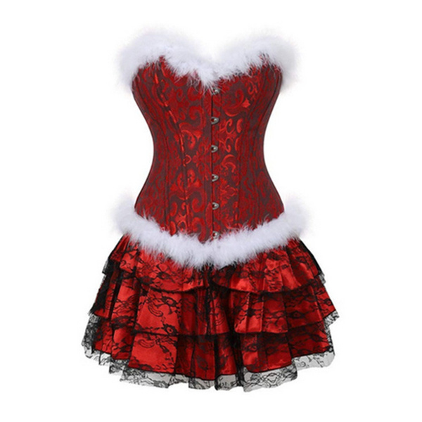Christmas Santa Corset Dress Overbust Bustier Skirt Set Corselet