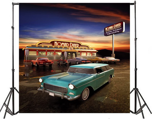 Retro Nostalgia 50S 60S Backdrop Vintage Eatery Dinner Motorcycle Car ...