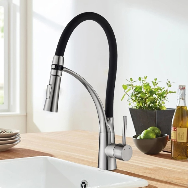 Brushed Nickel /Chrome Rubber Kitchen Faucet Mixer Tap Rotation Pull ...
