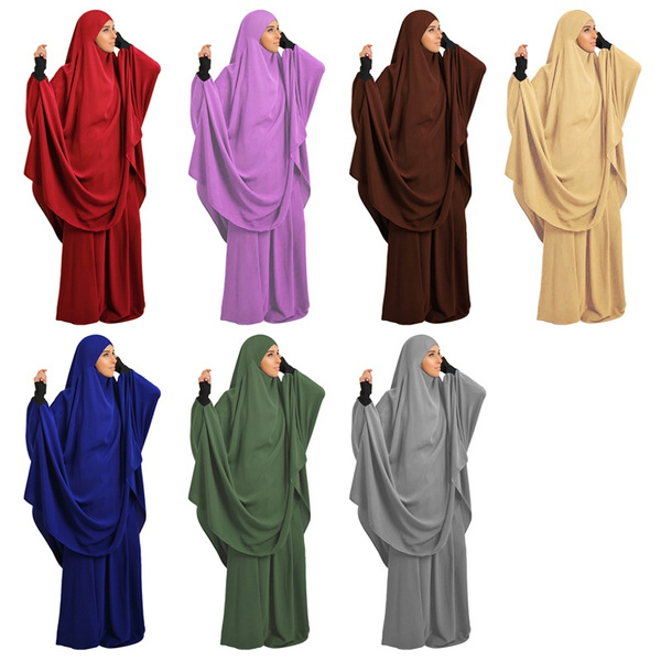Two-Piece Set Muslim Women Prayer Garment Dress Hijab Long Khimar Abaya ...