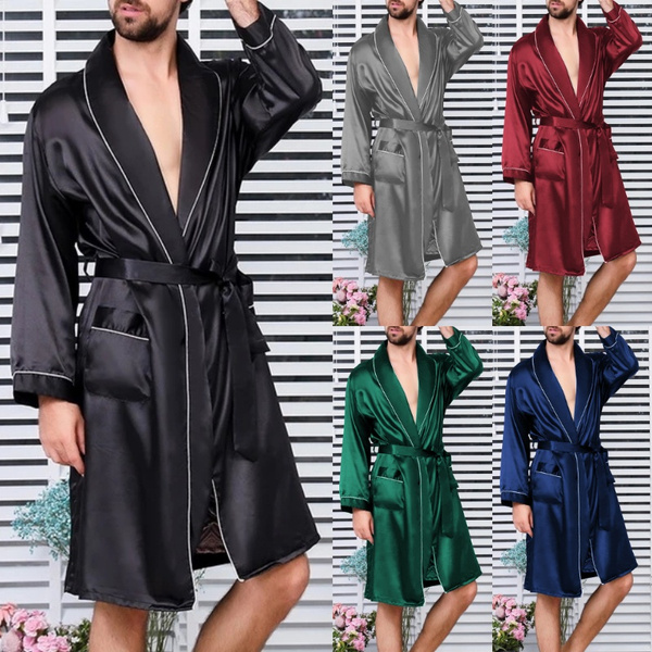 New Men Casual Sleepwear Faux Silk Nightwear Comfort Silky Bathrobes ...