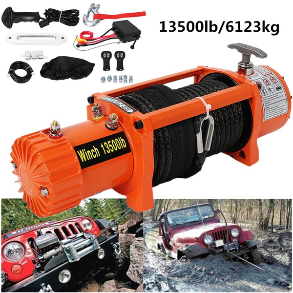 12 V 13500lb Heavy Duty Steel Cable Electric Recovery Winch With Car ...