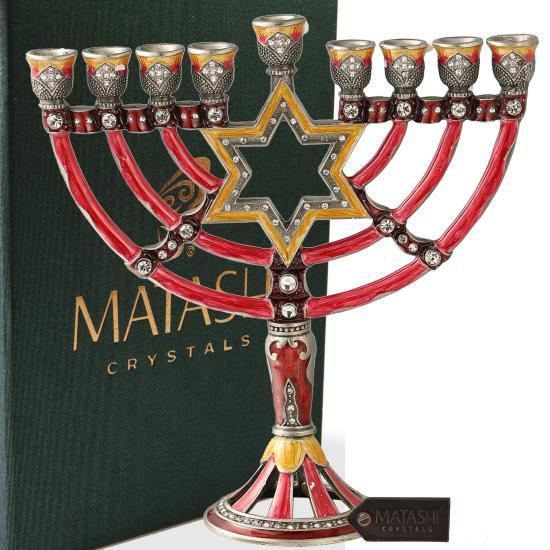Hand Painted Enamel Menorah Candelabra with a Star of David Design and ...