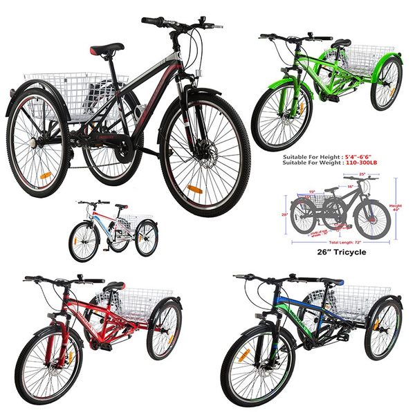 7 Speed 24/26 Inch 3 Wheel Mountain Bikes Adult Trikes Shopping Bicycle ...