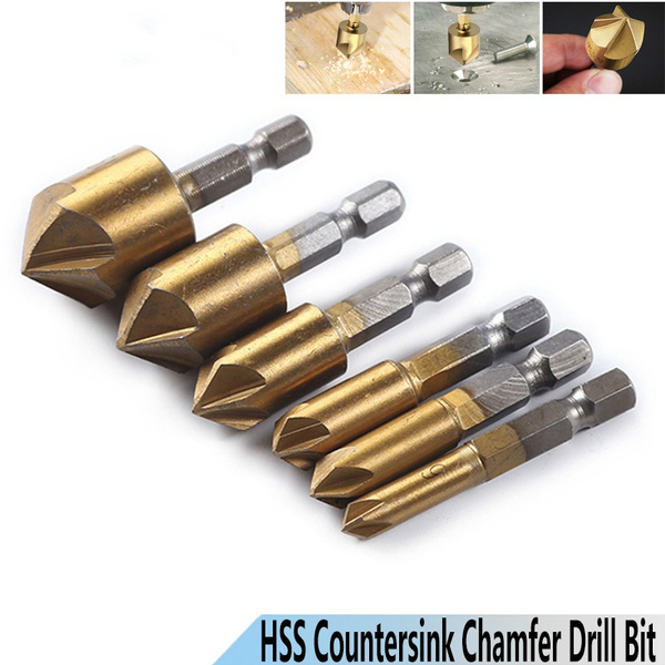 6pcs/set Flute Chamfer Countersink Round 1/4" Hex Shank HSS 90 Degree ...