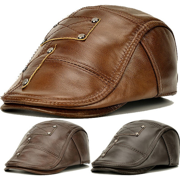 Men's Ear Flap Real Cowhide Leather Rivet Beret Hunting Cap Beanie ...
