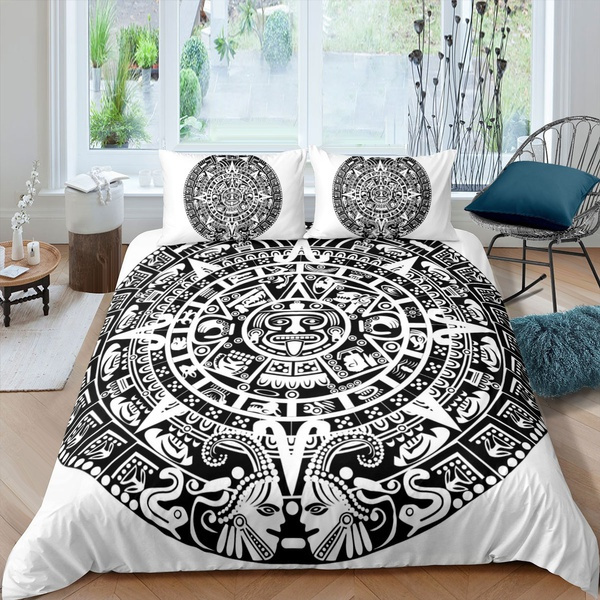 Abstract Duvet Cover Set Size Aztec Bedding Set Black and White Mayan ...