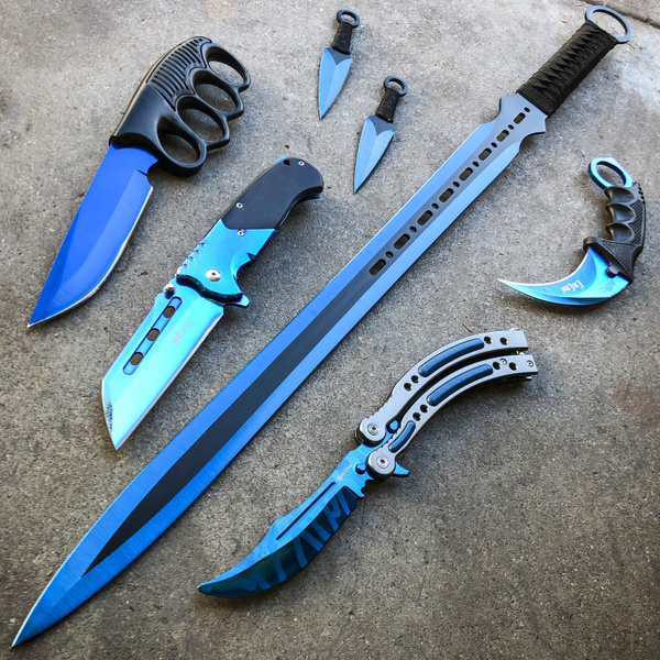 7PC Blue Sky Tactical Fixed Blade Machete Sword Hunting Survival Knife ...