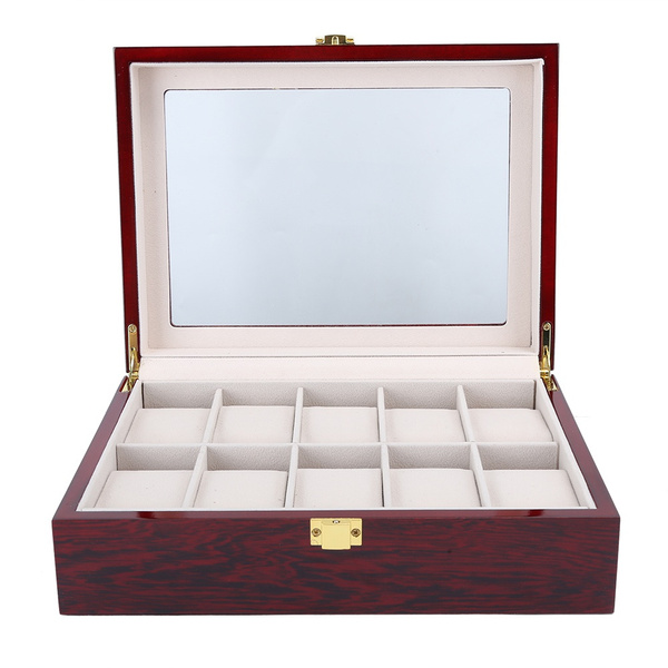 Wooden 10 Grid Watch Display Box Transparent Window Watch Storage Box ...