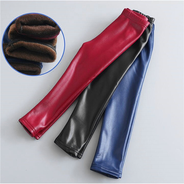 Autumn Winter Girls Faux Leather Pants Thick Velvet PU Leather Children ...