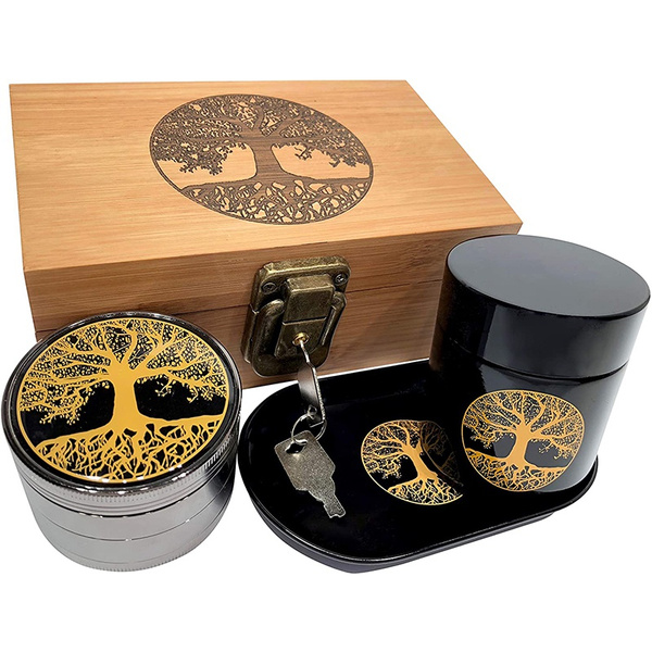 Tree of Life Stash Box Combo - Full Size Bamboo box grinder and jar ...