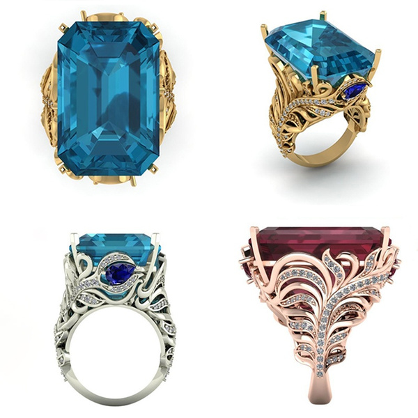 Fashion SSilver Plated Rings for Women Blue Ring Gemstone Aquamarine ...