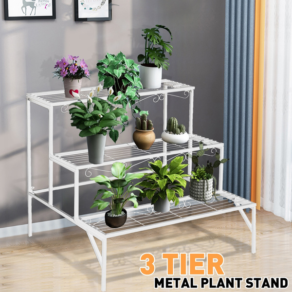 3 Tier Stair Style Metal Plant Stand, Garden Shelf for Large Flower Pot ...
