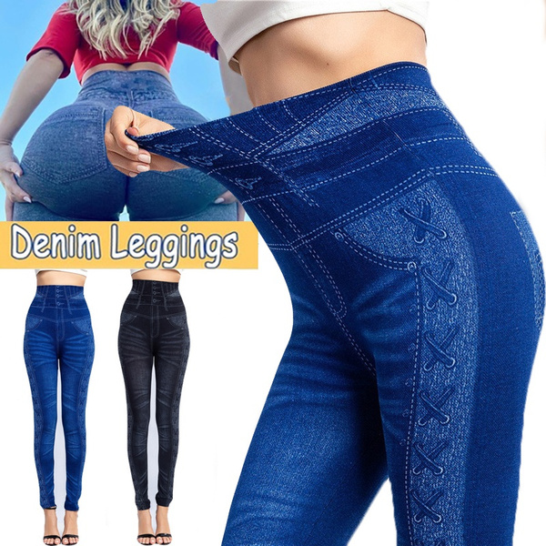 2021 Aolong Women Fashion Seamless Imitation Denim Print Leggings Lace