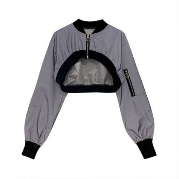 Women Reflective Crop Top Zipper Jacket Long Sleeve Short Coat Party ...